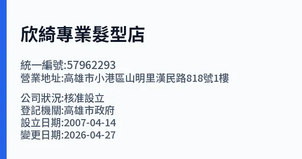 欣綺專業髮型店的照片-統編 57962293(高雄市) 公司登記資料與營業項目詳細圖表