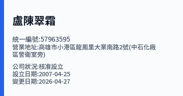盧陳翠霜的照片-統編 57963595(高雄市) 公司登記資料與營業項目詳細圖表