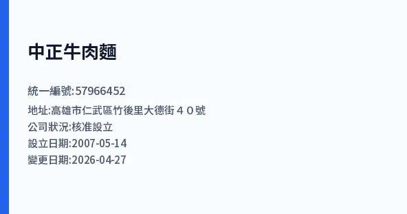 中正牛肉麵的照片-統編 57966452(高雄市) 公司登記資料與營業項目詳細圖表