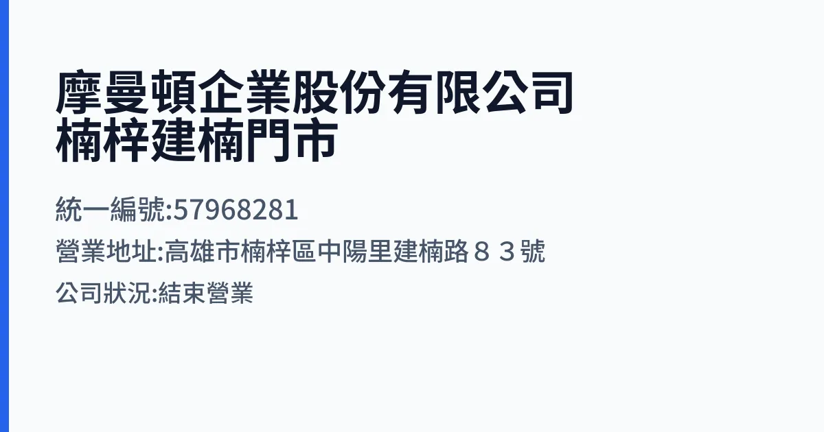 摩曼頓企業股份有限公司楠梓建楠門市 - 統編 57968281(高雄市) 公司登記資料與營業項目詳細圖表