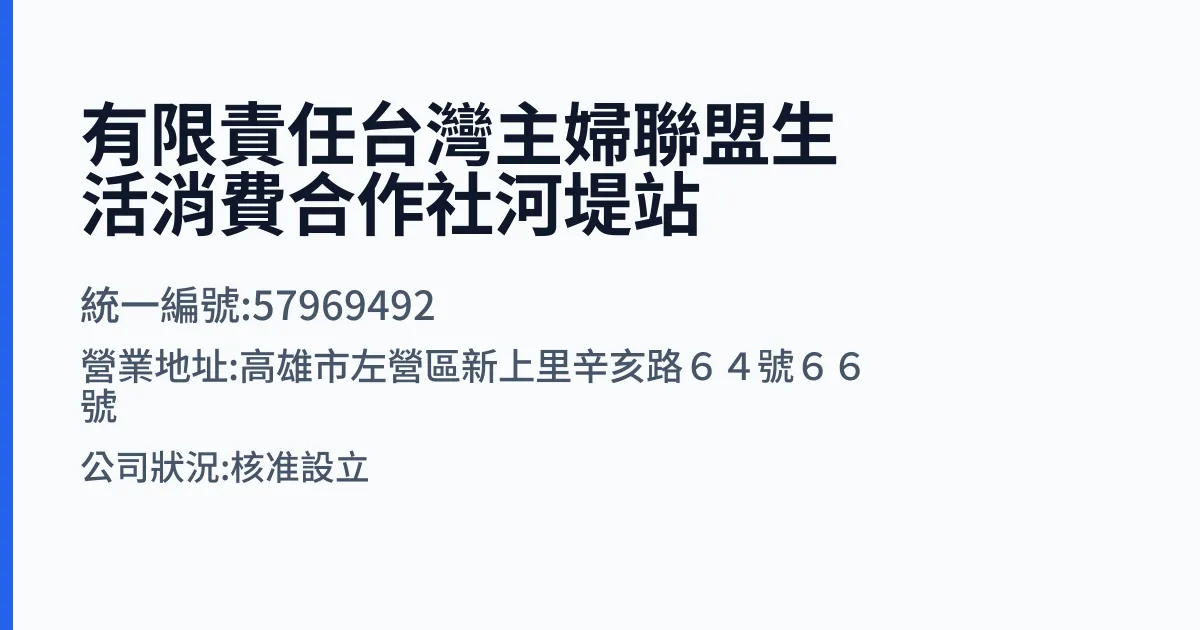 有限責任台灣主婦聯盟生活消費合作社河堤站 - 統編 57969492(高雄市) 公司登記資料與營業項目詳細圖表
