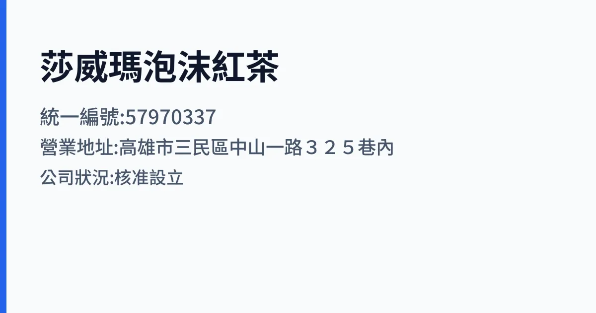 莎威瑪泡沫紅茶 - 統編 57970337(高雄市) 公司登記資料與營業項目詳細圖表