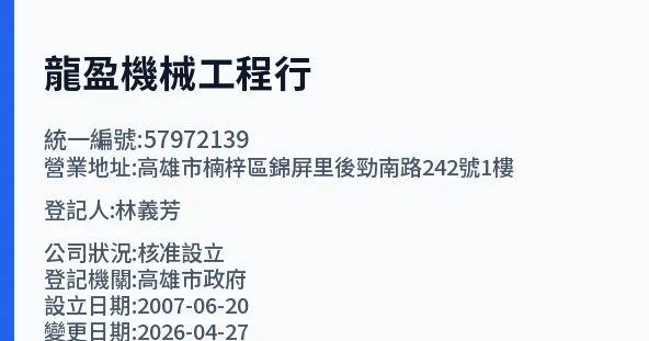 龍盈機械工程行的照片-統編 57972139(高雄市) 公司登記資料與營業項目詳細圖表