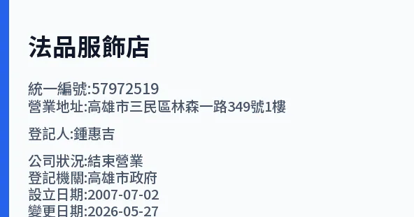 法品服飾店的照片-統編 57972519(高雄市) 公司登記資料與營業項目詳細圖表