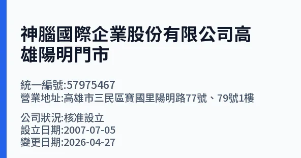 神腦國際企業股份有限公司高雄陽明門市的照片-統編 57975467(高雄市) 公司登記資料與營業項目詳細圖表
