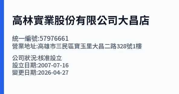 高林實業股份有限公司大昌店的照片-統編 57976661(高雄市) 公司登記資料與營業項目詳細圖表