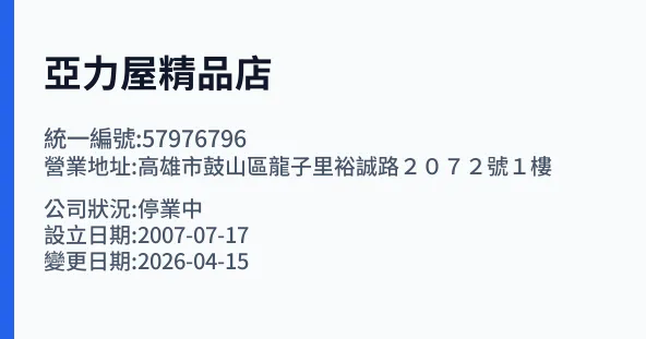 亞力屋精品店的照片-統編 57976796(高雄市) 公司登記資料與營業項目詳細圖表