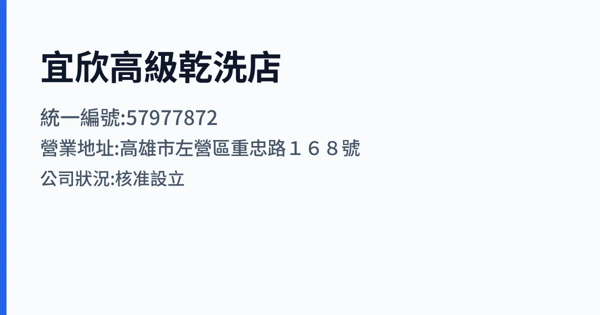 宜欣高級乾洗店 - 統編 57977872(高雄市) 公司登記資料與營業項目詳細圖表