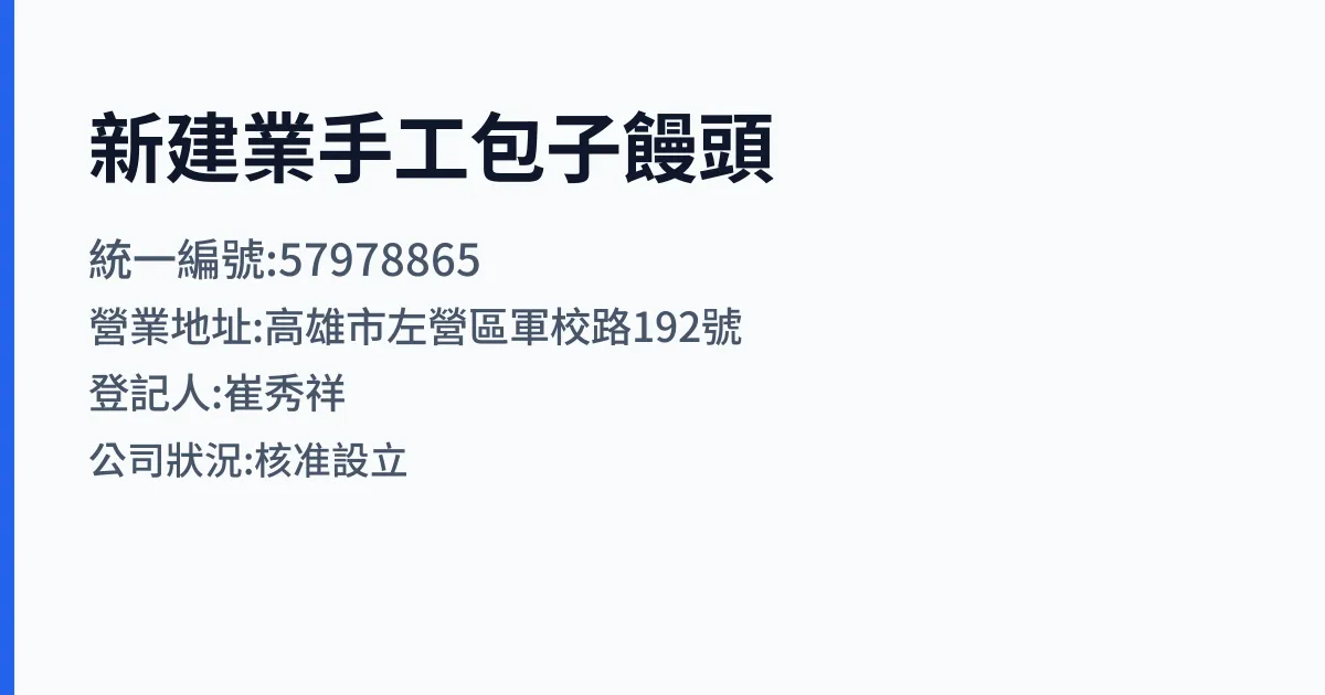 新建業手工包子饅頭 - 統編 57978865(高雄市) 公司登記資料與營業項目詳細圖表
