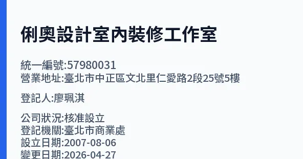 俐奧設計室內裝修工作室的照片-統編 57980031(臺北市) 公司登記資料與營業項目詳細圖表