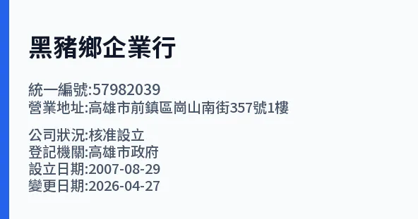 黑豬鄉企業行的照片-統編 57982039(高雄市) 公司登記資料與營業項目詳細圖表