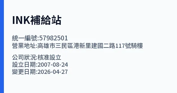 INK補給站的照片-統編 57982501(高雄市) 公司登記資料與營業項目詳細圖表