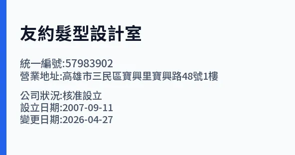 友約髮型設計室的照片-統編 57983902(高雄市) 公司登記資料與營業項目詳細圖表