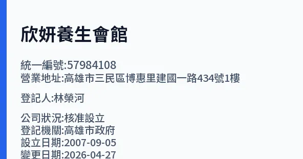 欣妍養生會館的照片-統編 57984108(高雄市) 公司登記資料與營業項目詳細圖表