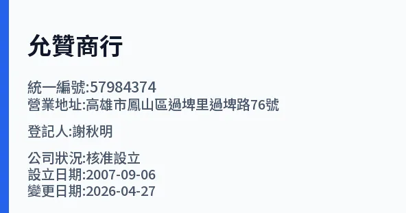 允贊商行的照片-統編 57984374(高雄市) 公司登記資料與營業項目詳細圖表