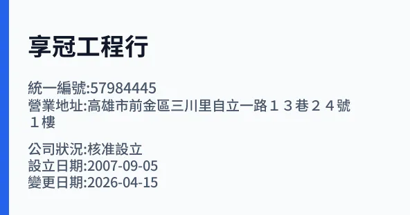 享冠工程行的照片-統編 57984445(高雄市) 公司登記資料與營業項目詳細圖表