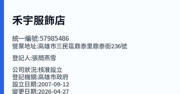 禾宇服飾店的照片-統編 57985486(高雄市) 公司登記資料與營業項目詳細圖表