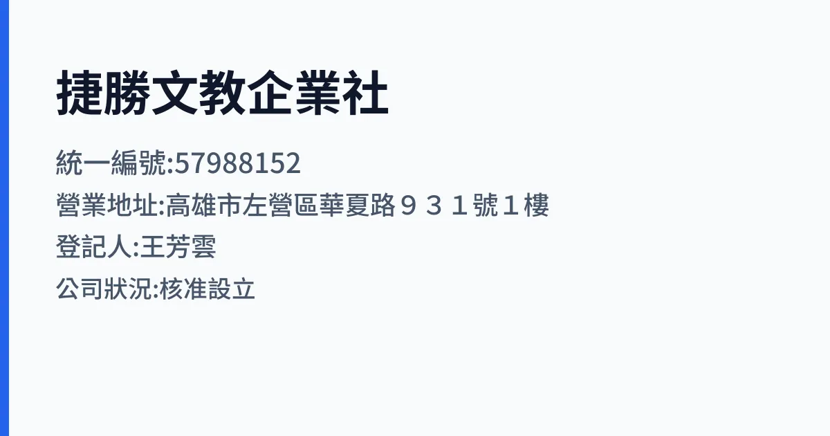 捷勝文教企業社 - 統編 57988152(高雄市) 公司登記資料與營業項目詳細圖表