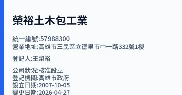 榮裕土木包工業的照片-統編 57988300(高雄市) 公司登記資料與營業項目詳細圖表