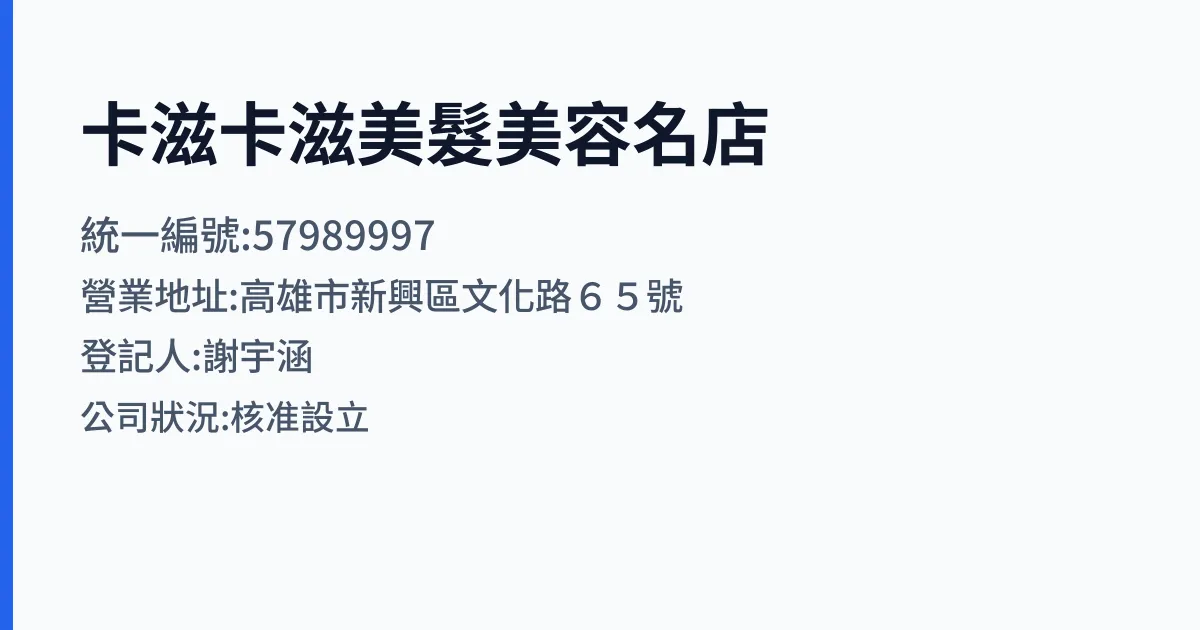 卡滋卡滋美髮美容名店 - 統編 57989997(高雄市) 公司登記資料與營業項目詳細圖表
