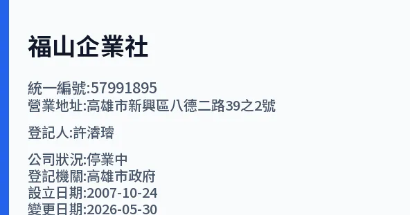 福山企業社的照片-統編 57991895(高雄市) 公司登記資料與營業項目詳細圖表