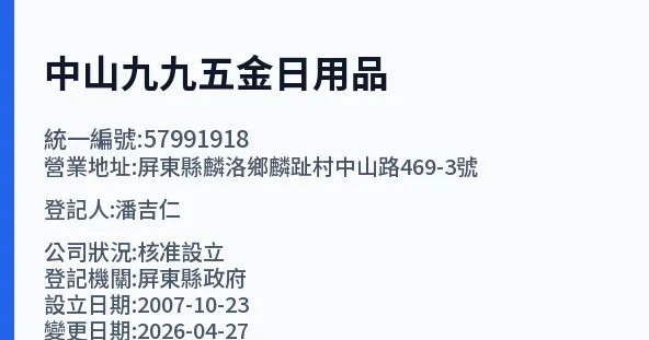 中山九九五金日用品的照片-統編 57991918(屏東縣) 公司登記資料與營業項目詳細圖表