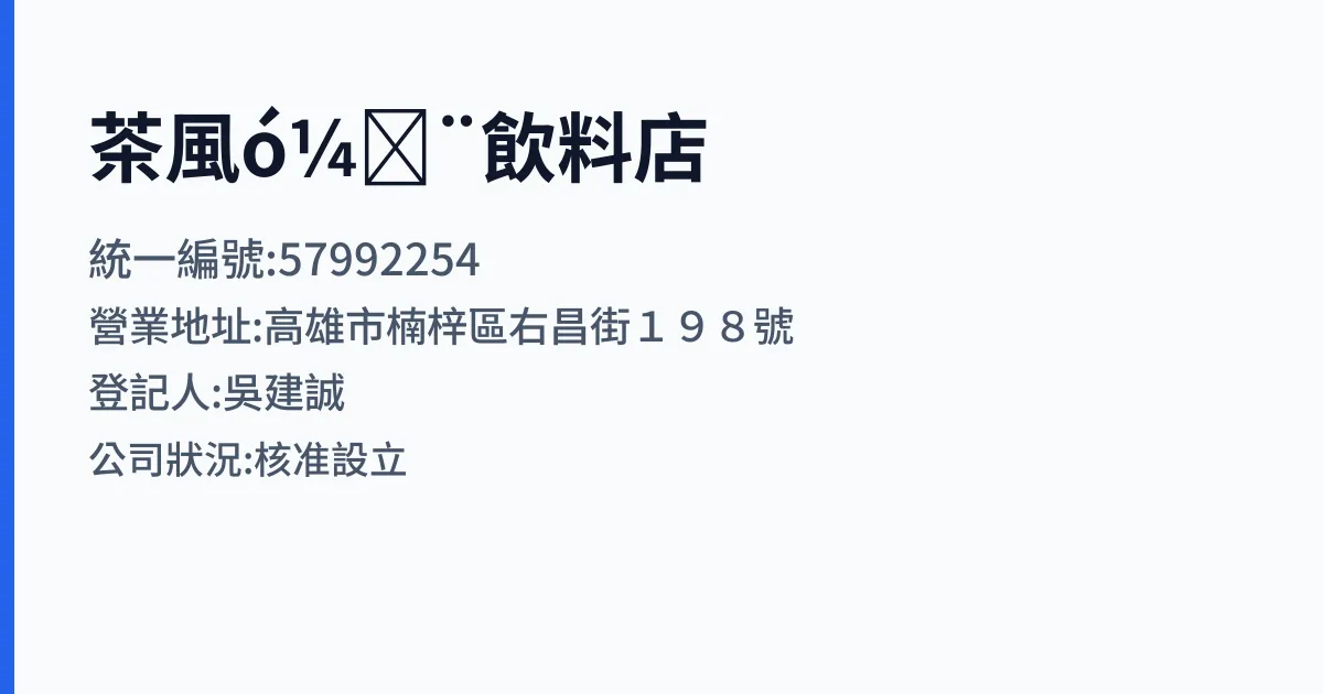 茶風󼟨飲料店 - 統編 57992254(高雄市) 公司登記資料與營業項目詳細圖表