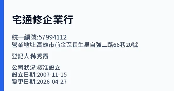 宅通修企業行的照片-統編 57994112(高雄市) 公司登記資料與營業項目詳細圖表