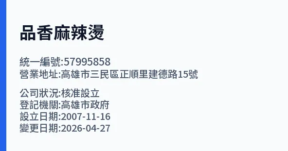 品香麻辣燙的照片-統編 57995858(高雄市) 公司登記資料與營業項目詳細圖表