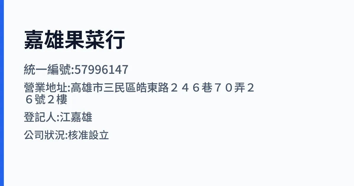 嘉雄果菜行 - 統編 57996147(高雄市) 公司登記資料與營業項目詳細圖表