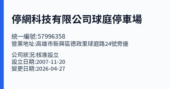 停網科技有限公司球庭停車場的照片-統編 57996358(高雄市) 公司登記資料與營業項目詳細圖表