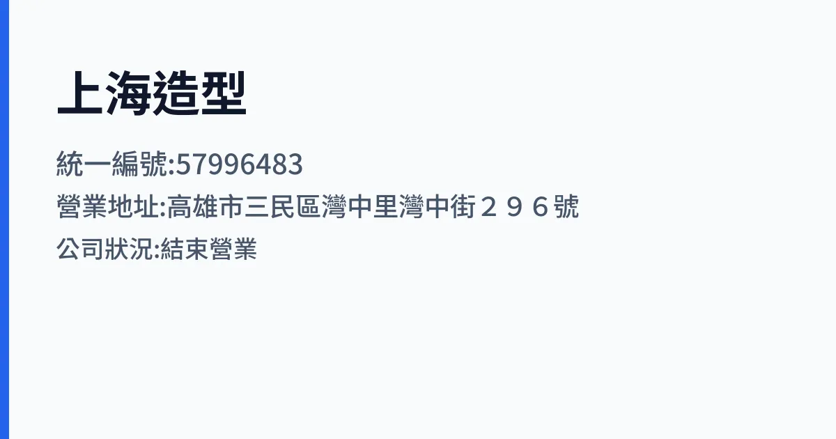 上海造型 - 統編 57996483(高雄市) 公司登記資料與營業項目詳細圖表