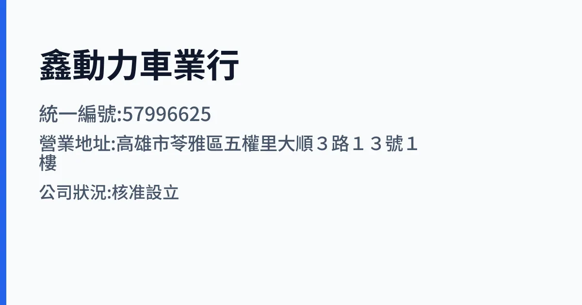 鑫動力車業行 - 統編 57996625(高雄市) 公司登記資料與營業項目詳細圖表
