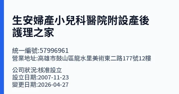 生安婦產小兒科醫院附設產後護理之家的照片-統編 57996961(高雄市) 公司登記資料與營業項目詳細圖表