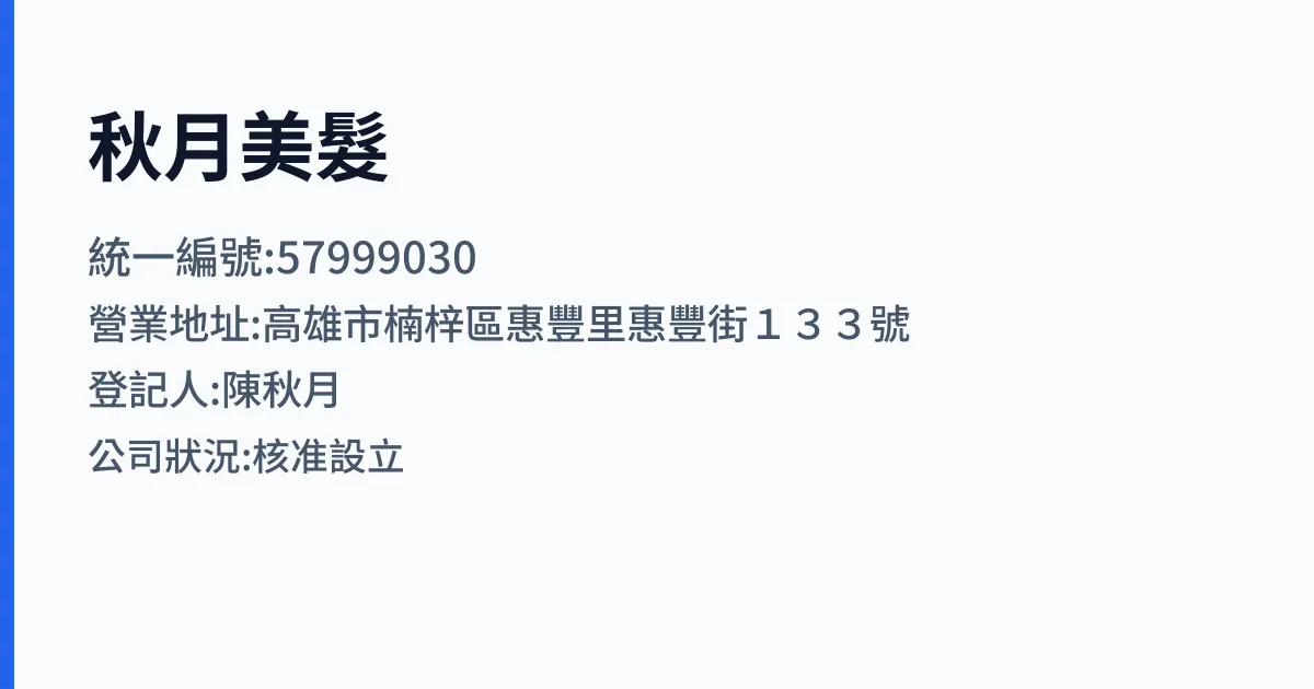 秋月美髮 - 統編 57999030(高雄市) 公司登記資料與營業項目詳細圖表