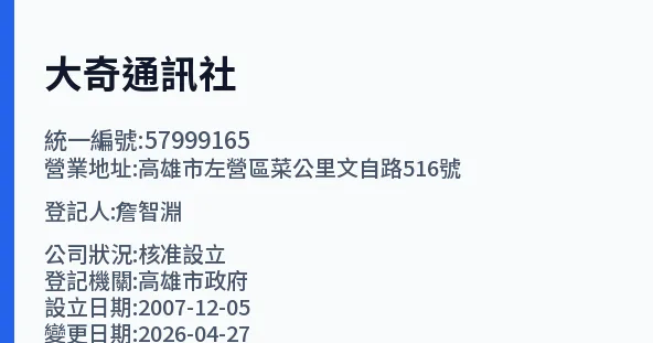 大奇通訊社的照片-統編 57999165(高雄市) 公司登記資料與營業項目詳細圖表