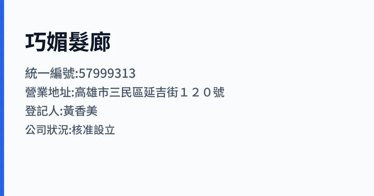 巧媚髮廊 - 統編 57999313（高雄市） 公司登記資料與營業項目詳細圖表