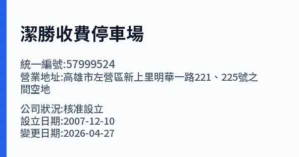 潔勝收費停車場的照片-統編 57999524(高雄市) 公司登記資料與營業項目詳細圖表