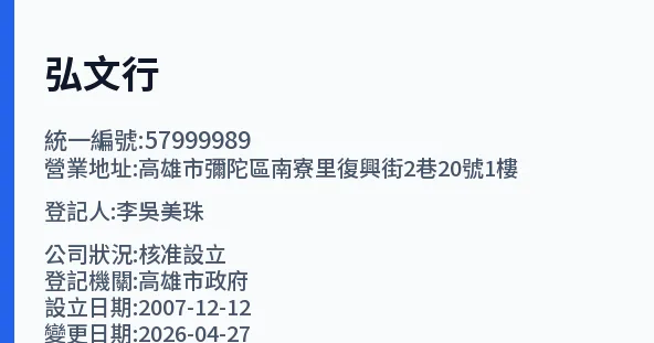 弘文行的照片-統編 57999989(高雄市) 公司登記資料與營業項目詳細圖表