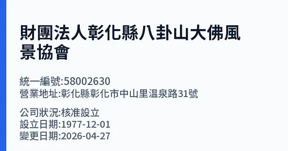 財團法人彰化縣八卦山大佛風景協會的照片-統編 58002630(彰化縣) 公司登記資料與營業項目詳細圖表