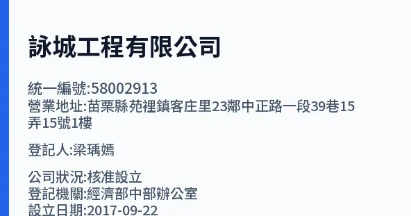 詠城工程有限公司的照片-統編 58002913(苗栗縣) 公司登記資料與營業項目詳細圖表