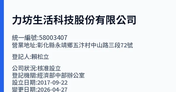 力坊生活科技股份有限公司的照片-統編 58003407(彰化縣) 公司登記資料與營業項目詳細圖表