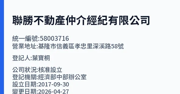 聯勝不動產仲介經紀有限公司的照片-統編 58003716(基隆市) 公司登記資料與營業項目詳細圖表