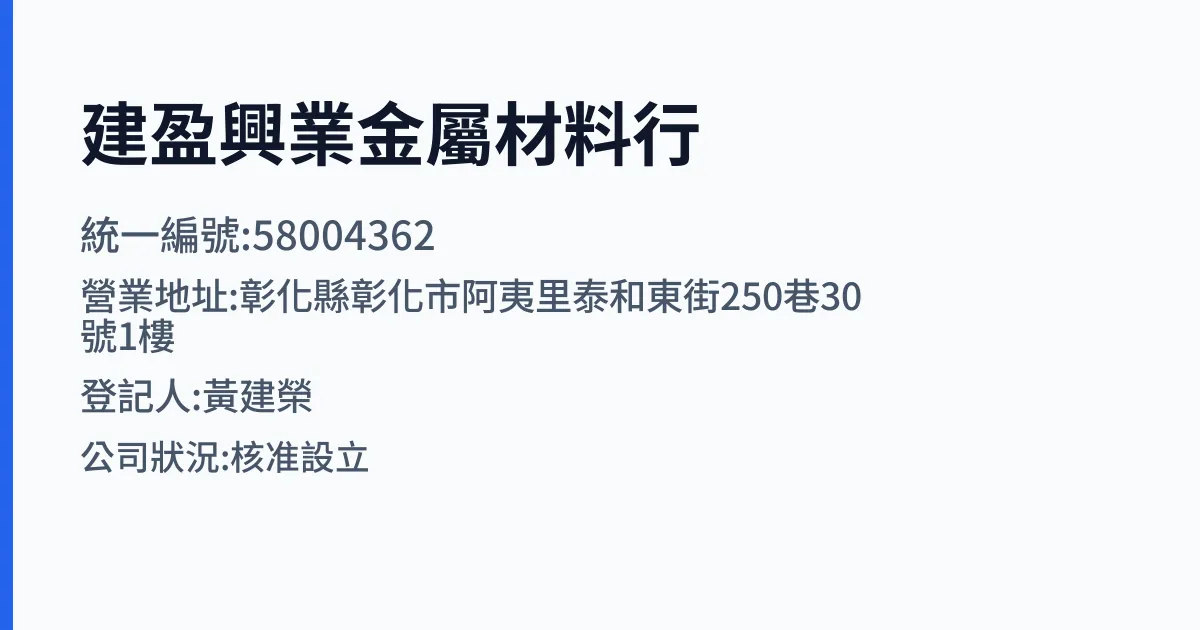 建盈興業金屬材料行 - 統編 58004362(彰化縣) 公司登記資料與營業項目詳細圖表