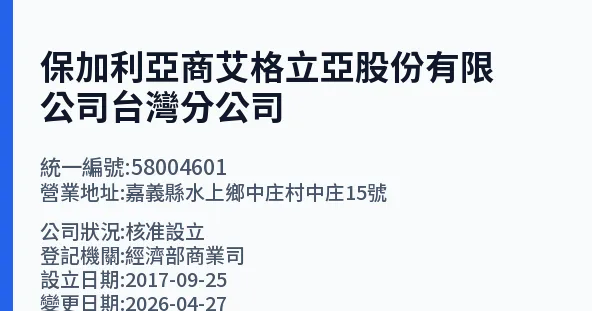 保加利亞商艾格立亞股份有限公司台灣分公司的照片-統編 58004601(嘉義縣) 公司登記資料與營業項目詳細圖表