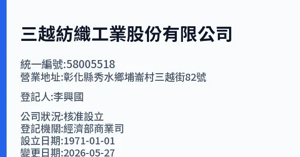 三越紡織工業股份有限公司的照片-統編 58005518(彰化縣) 公司登記資料與營業項目詳細圖表