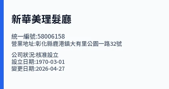新華美理髮廳的照片-統編 58006158(彰化縣) 公司登記資料與營業項目詳細圖表