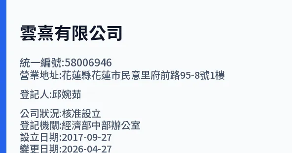 雲熹有限公司的照片-統編 58006946(花蓮縣) 公司登記資料與營業項目詳細圖表