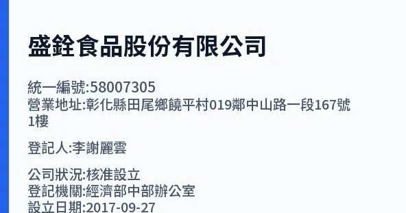 盛銓食品股份有限公司的照片-統編 58007305(彰化縣) 公司登記資料與營業項目詳細圖表