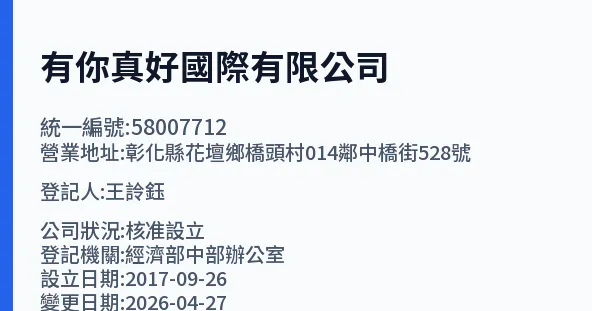 有你真好國際有限公司的照片-統編 58007712(彰化縣) 公司登記資料與營業項目詳細圖表